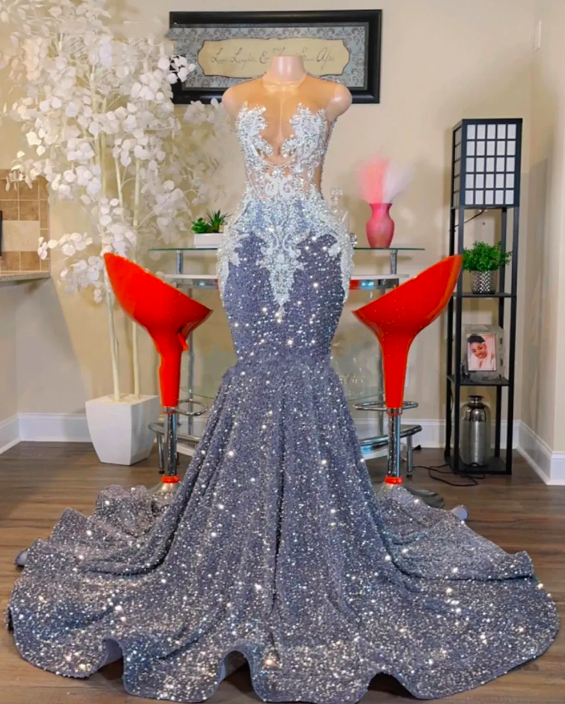 Sparkly Prom Dresses, Silver Gray Prom Dresses, Lace Applique Evening ...