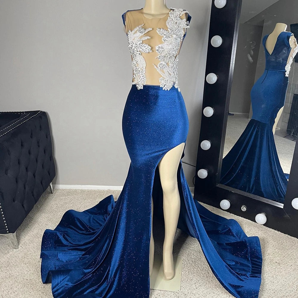 Navy Blue Velvet Prom Dresses, High Quality Elegant Prom Dress, Lace ...