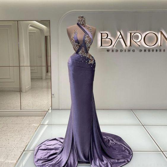 Deep Purple Evening Dress, Velvet Evening Dresses, High Neck Evening ...