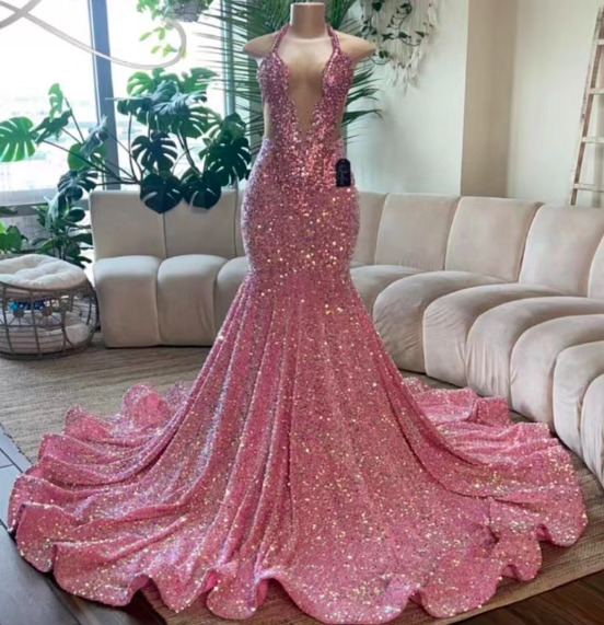 Custom Prom Dresses, 2024 Party Dresses, Pink Prom Dresses, Halter Evening Dresses, Vest on Luulla