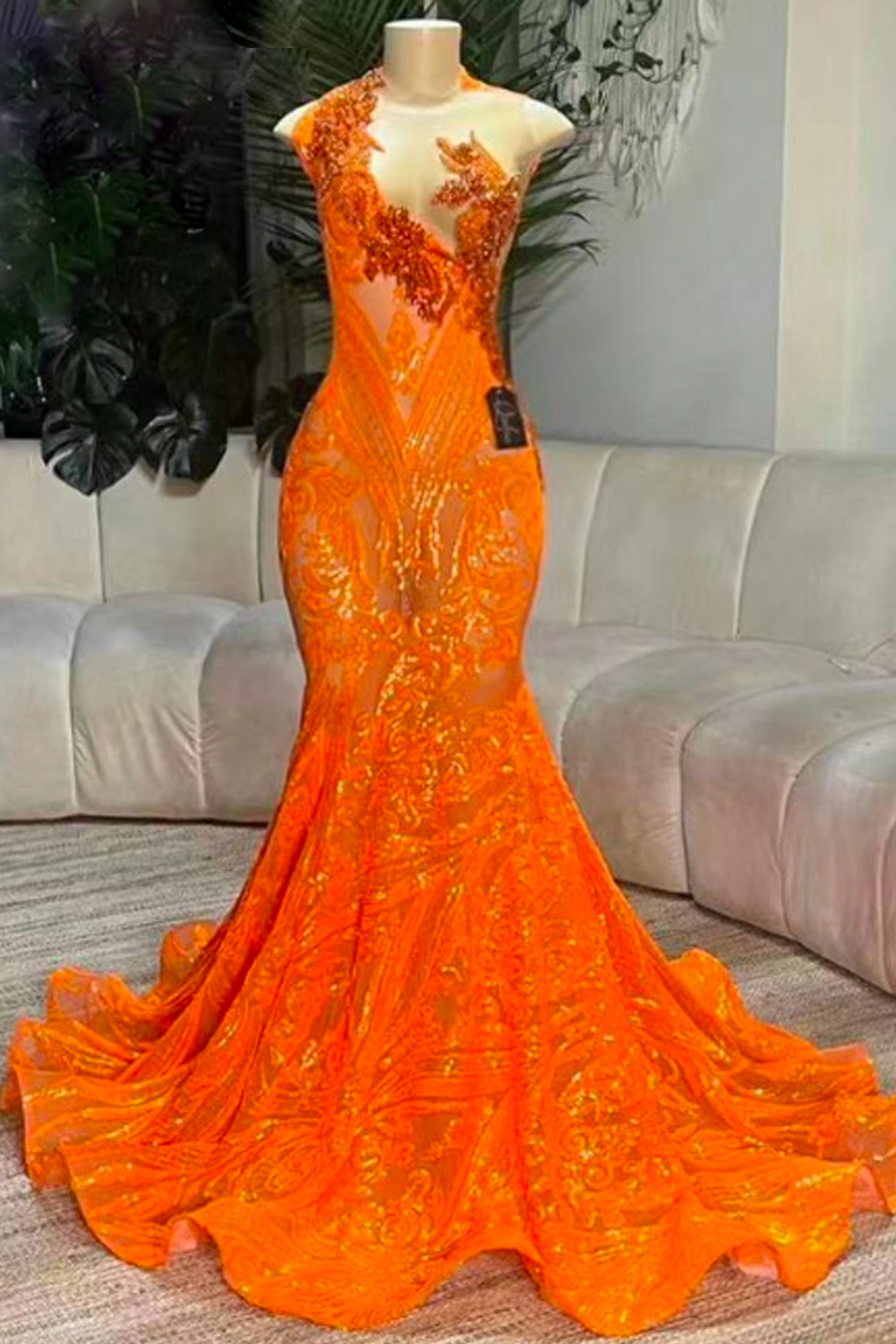 Orange Prom Dresses For Black Girls, Sequin Applique Prom Dresses ...