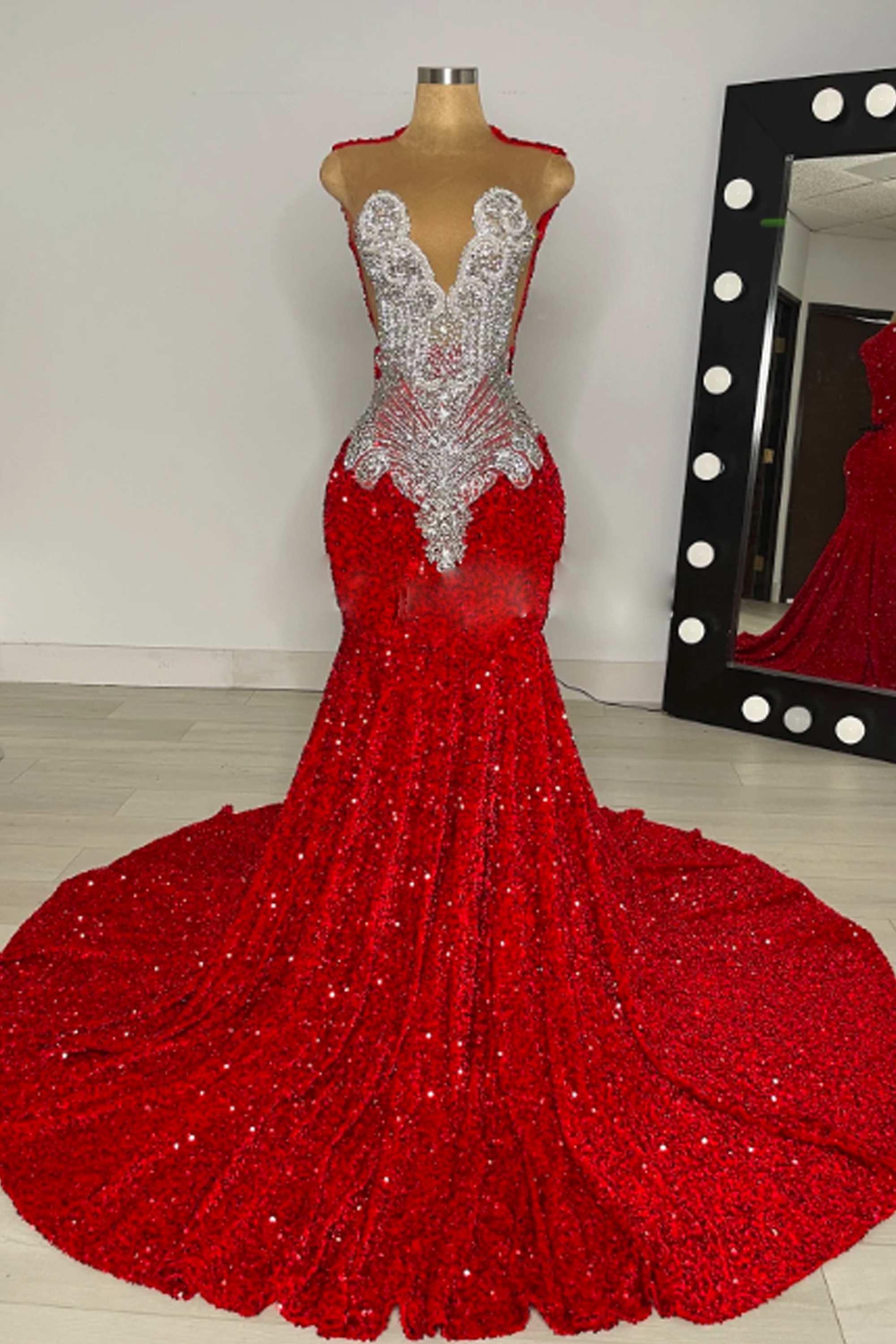 Modest Prom Dresses, Red Sequins Prom Dresses, Diamonds Fashion Party ...