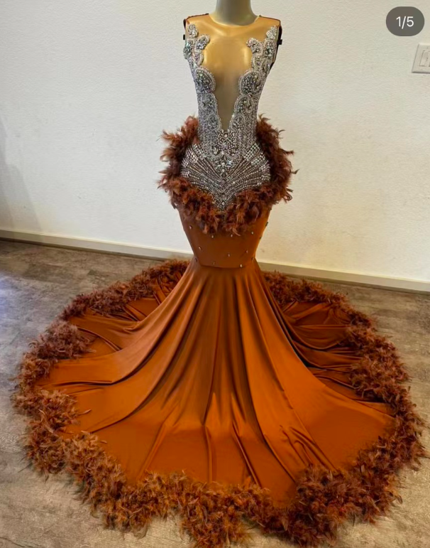 Custom 2025 Prom Dresses, Feather Rhinestone Prom Dresses, 2026 Fashion ...